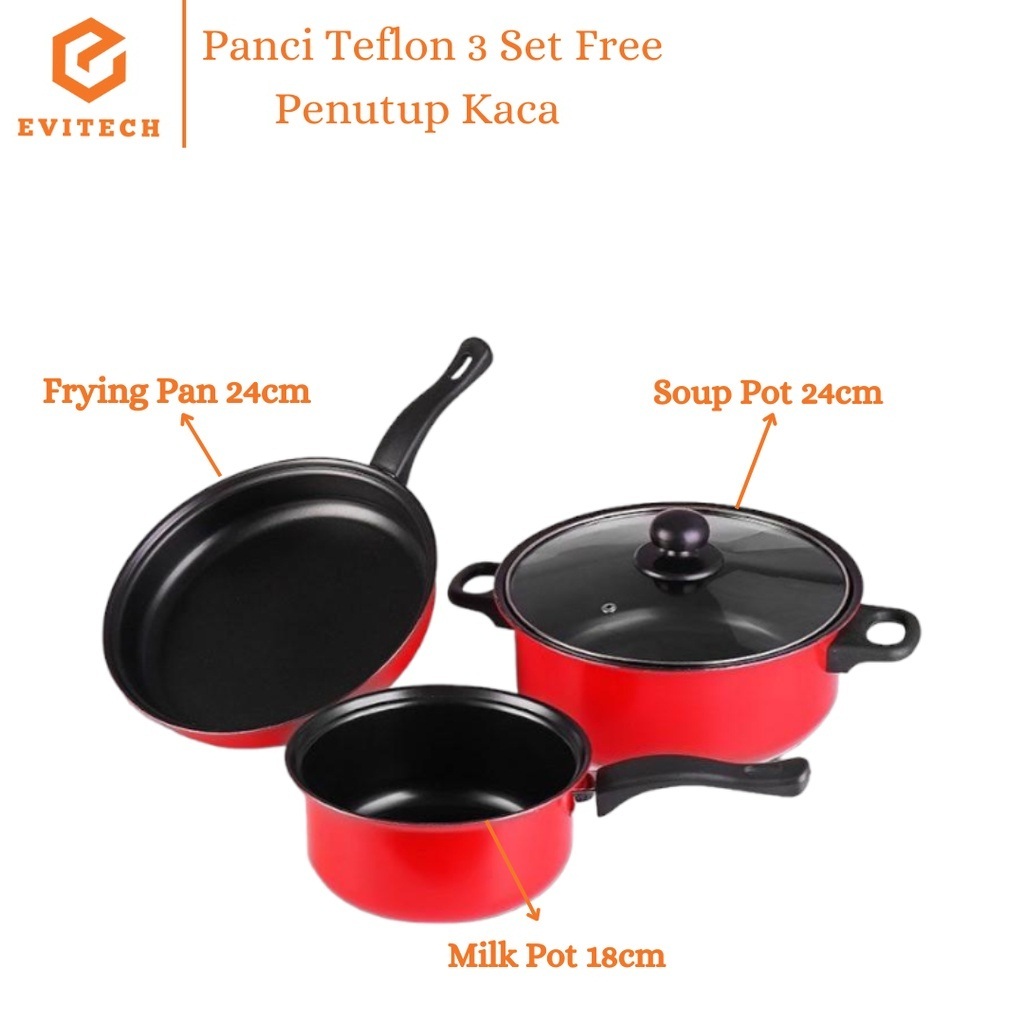 Jual Panci Set 3 IN 1 Anti Lengket Panci isi 3 Cookware Set Free Penutup Kaca | Shopee Indonesia