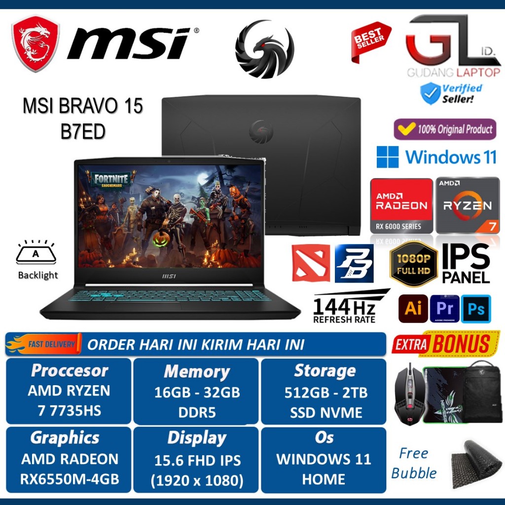 Jual Laptop Gaming MSI BRAVO 15 B7ED Ryzen 7 7735HS 32GB 2TB SSD Radeon ...