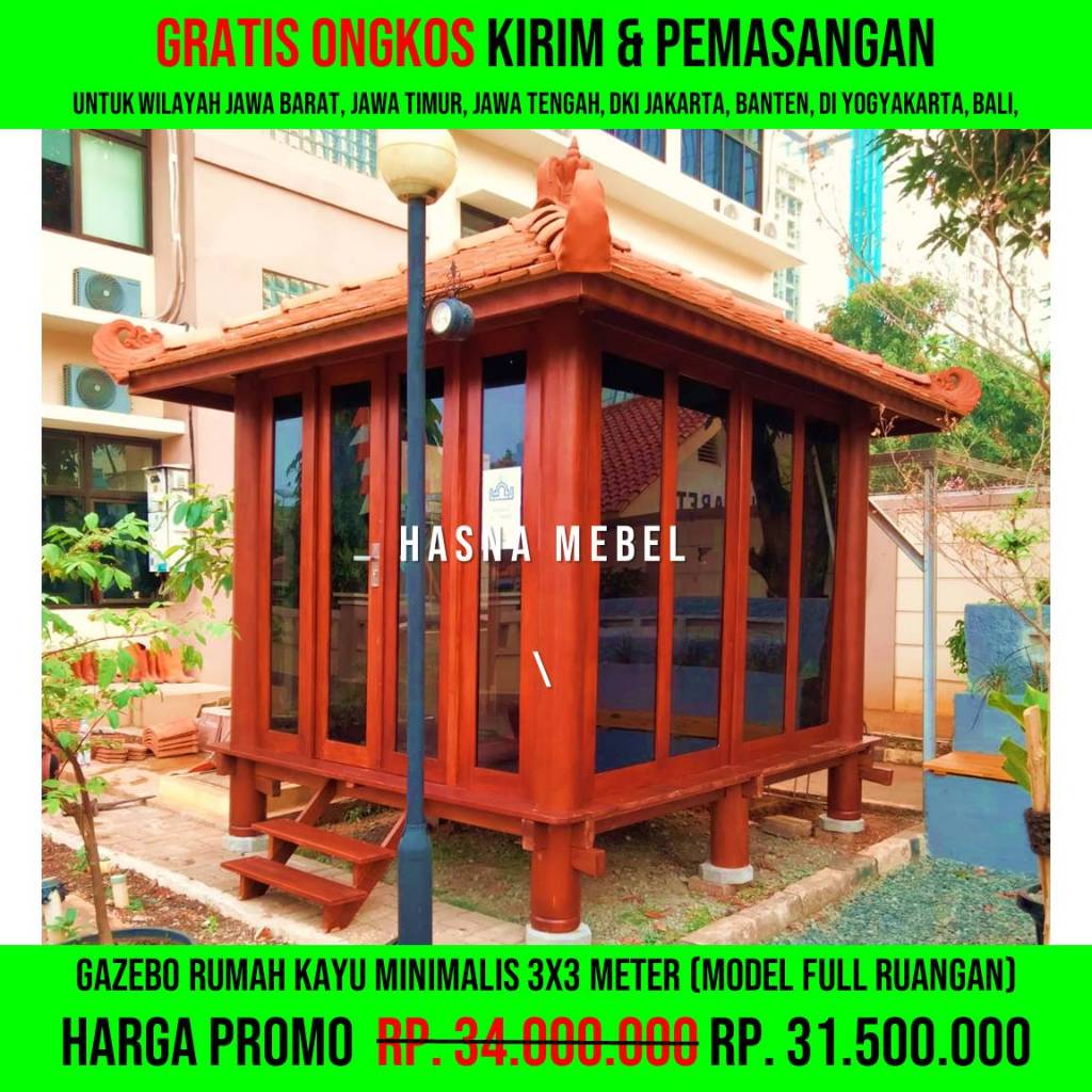 Jual gazebo unik minimalis dari kayu ukuran 3x3 meter atap genteng ...