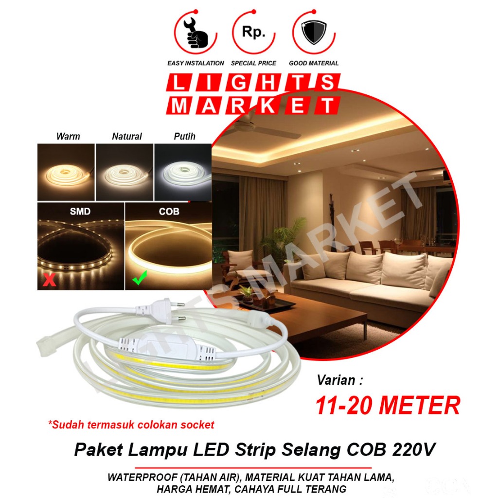 Jual LED Strip COB 220V 11m-20m Set Soket Colokan Siap Pakai Lampu ...