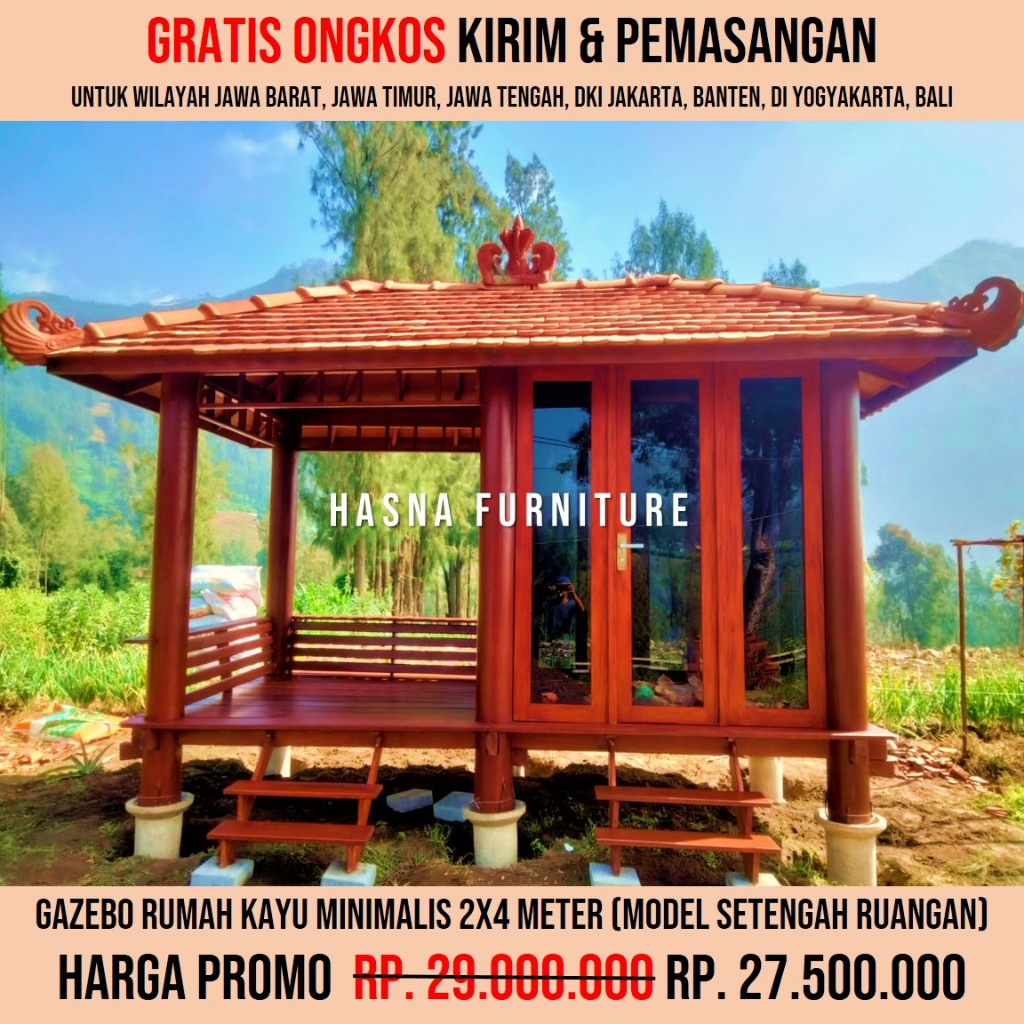 Jual Gazebo Kayu Minimalis Depan Rumah Ukuran 2x4 Meter Atap Genteng ...
