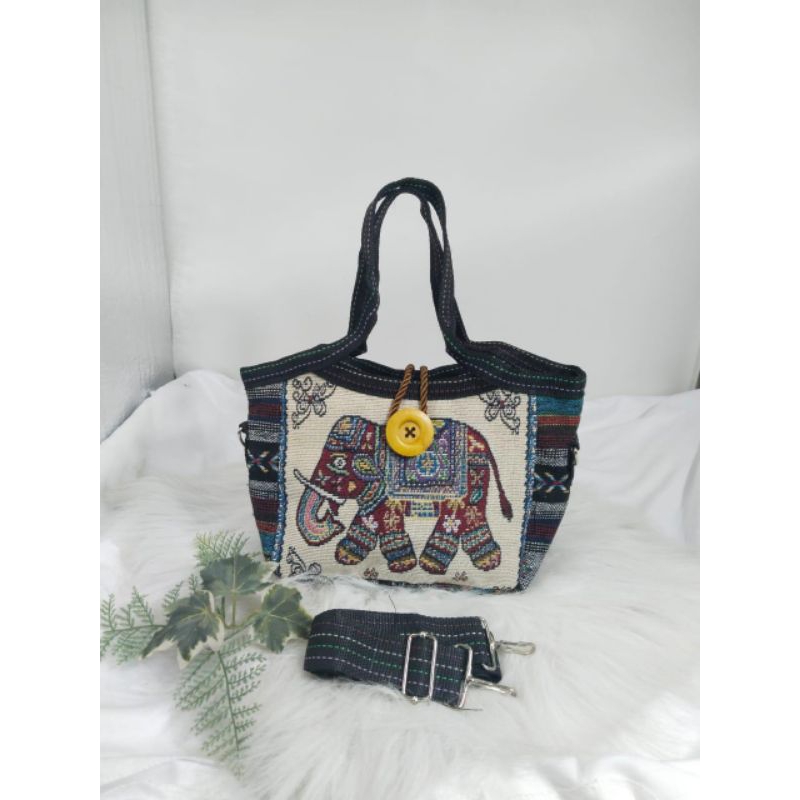 Jual TAS SELEMPANG WANITA MOTIF GAJAH - tas kanvas 2 in 1 - tas bangkok ...