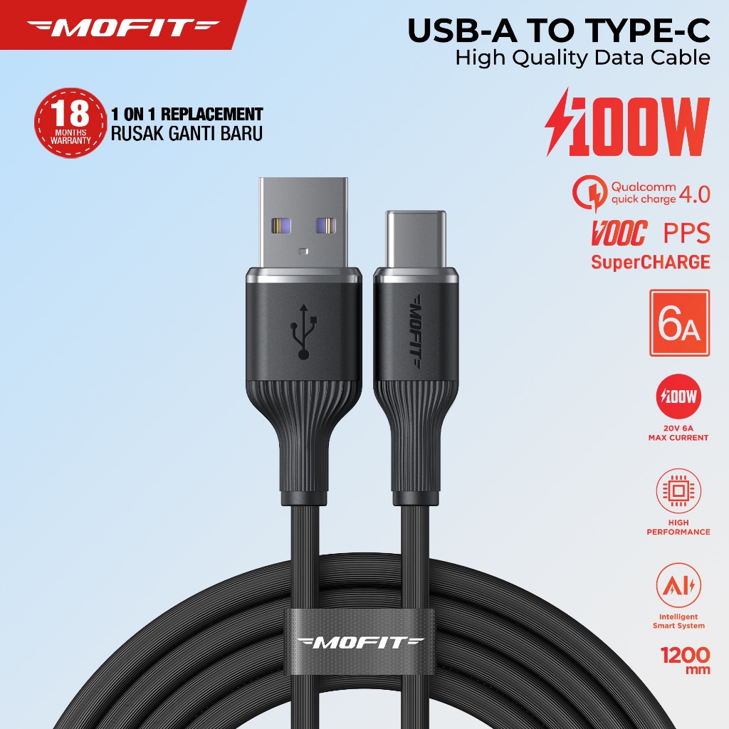 Jual MOFIT AC-100 Kabel Data USB-A to C 6A 100 watt Quick Charge 4.0 ...