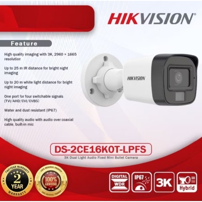 Jual Kamera｜CCTV Hikvision DS-2CE16K0T-LPFS Dual Light 3K 5MP Outdoor Built-in Audio | Shopee ...