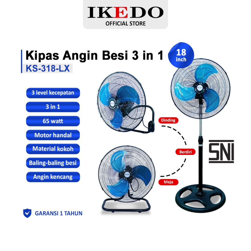 Jual Kipas Angin Besi 3 in 1 IKEDO 18 inch Stand/Desk/Wall KS-318LX ...
