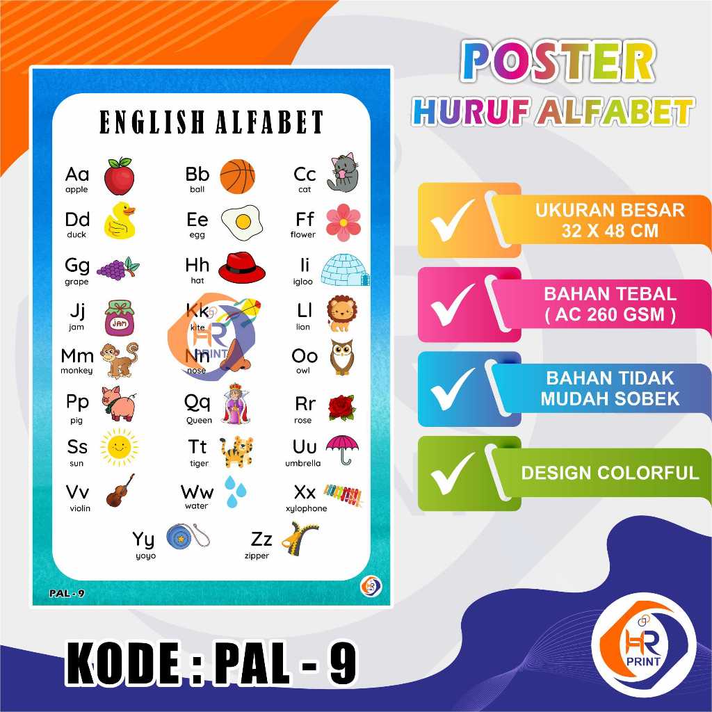 Jual Poster Edukasi HURUF ABJAD ALFABET - Poster Huruf Alfabet -Belajar ...
