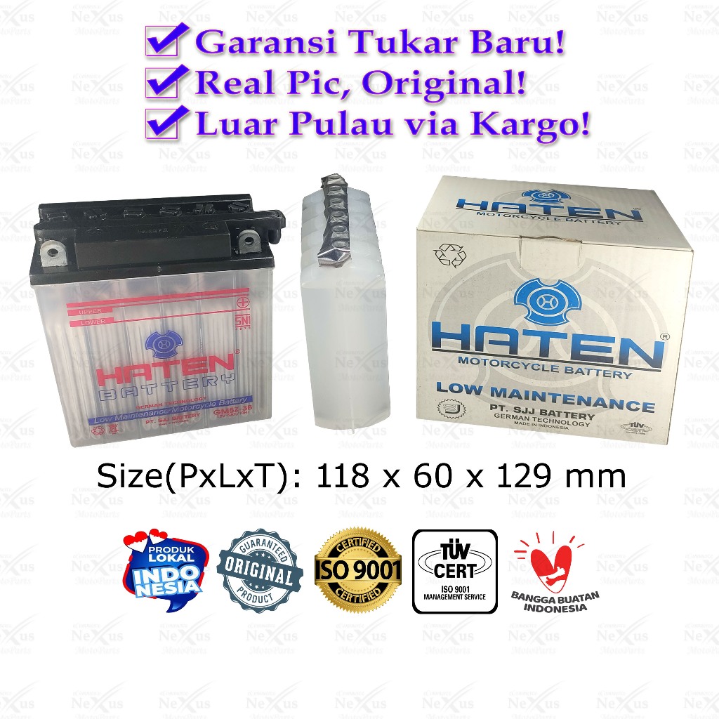 Jual Aki Motor Haten GM5Z-3B GM5Z GM5Z3B YB5LB YT7C HM5ZB 12V 7Ah Supra Vega Jupiter Mio Shogun ...