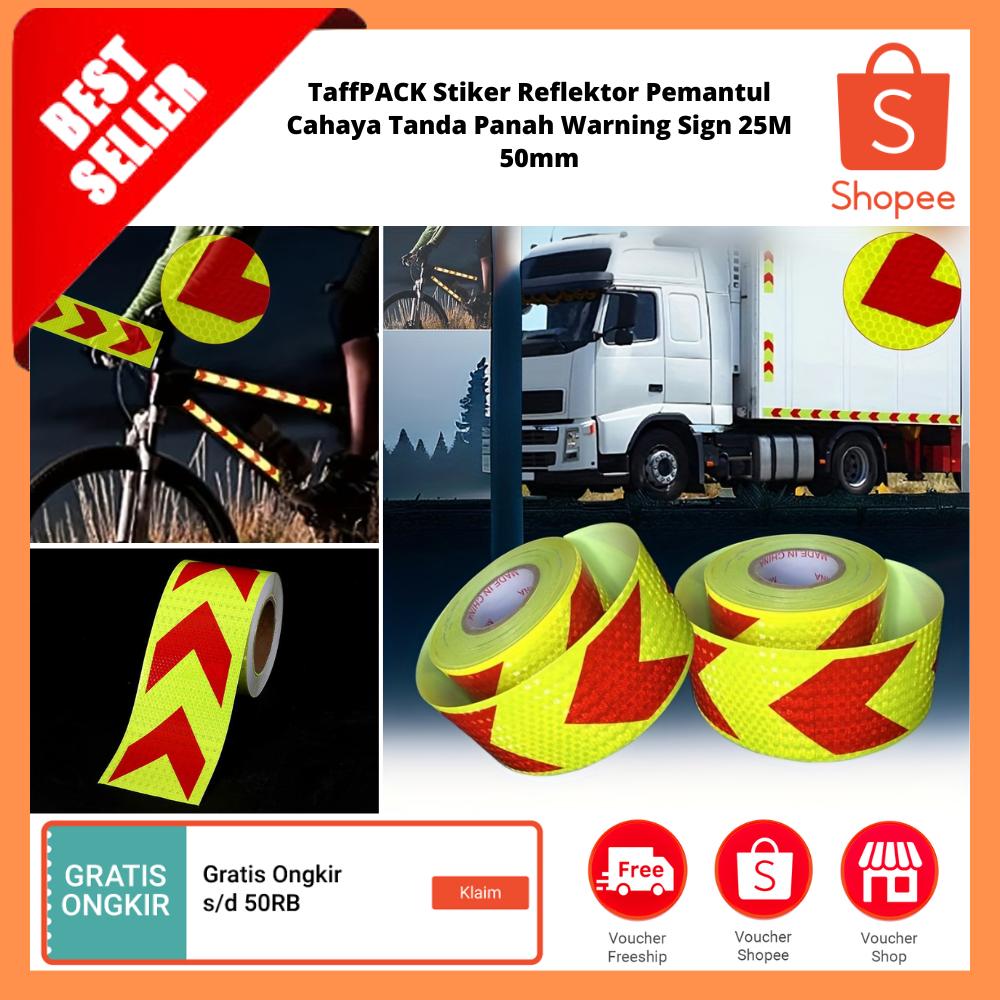 Jual Stiker Reflektor Pemantul Cahaya Tanda Panah Warning Sign 25M 50mm ...