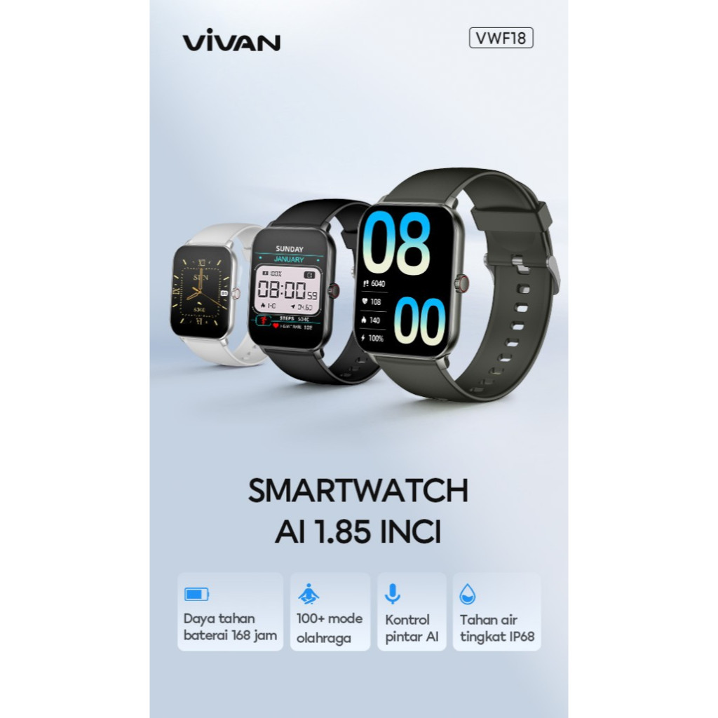 Jual Vivan VWF18 AI Smartwatch 1.85" Display SpO2 Smart Notification ...