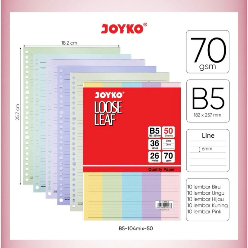Jual Isi Binder Joyko B5 Mix Warna 50 Lembar / Loose Leaf Color Isi Kertas File Binder Warna ...