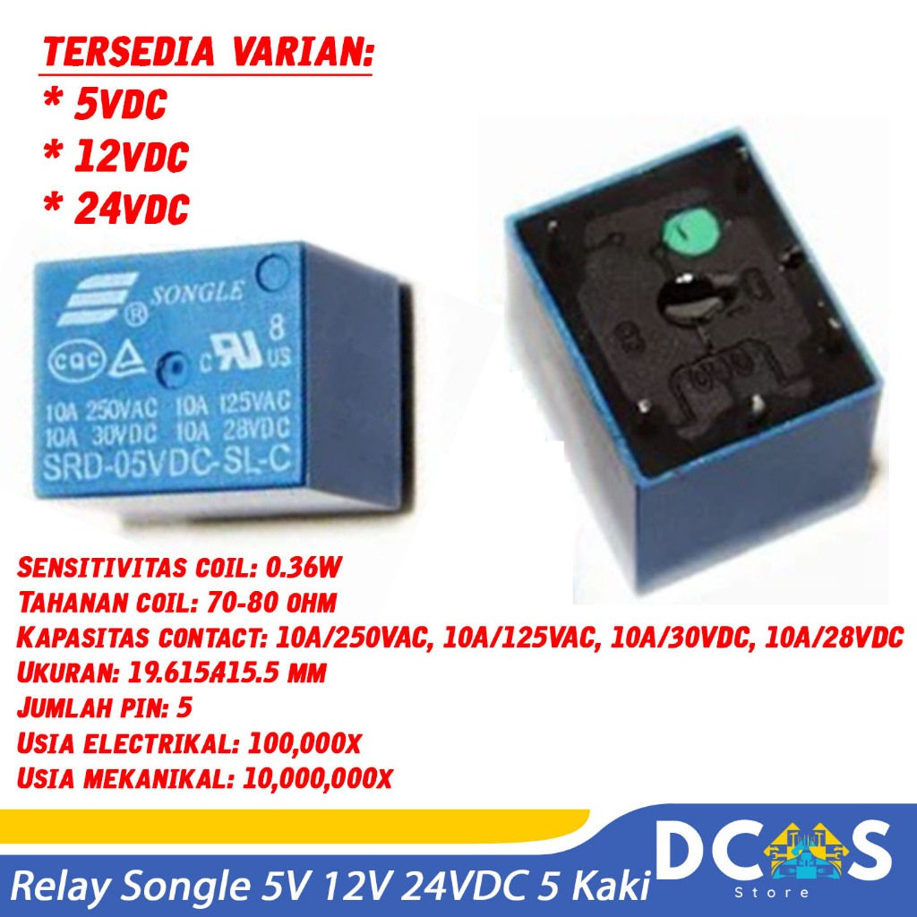 Jual Relay Songle 5V 12V 24V DC 5 kaki pin relay SRD 5VDC 12VDC 24VDC 10A | Shopee Indonesia