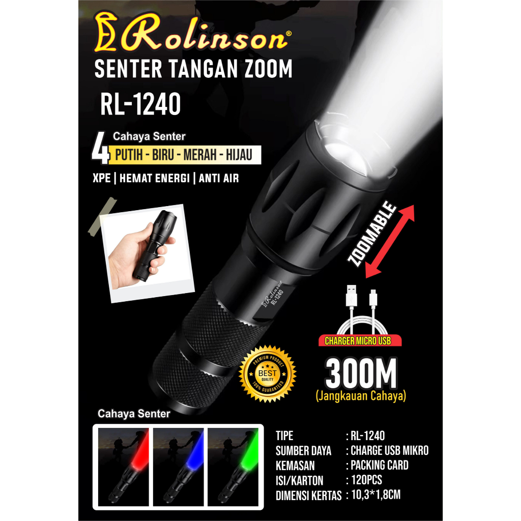 Jual Senter Tangan Zoom RL-1240 Baterai 1200mAh 4 WARNA CAHAYA PUTIH BIRU MERAH HIJAU Flashlight ...