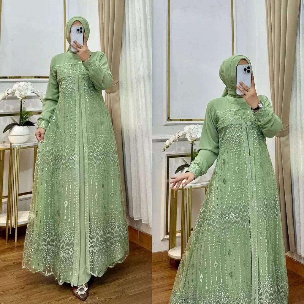 Jual Gamis Wanita Kekinian Amelda Dress KF Bahan Ceruty Babydoll Mix Brukat LD 100-120 Ukuran M ...
