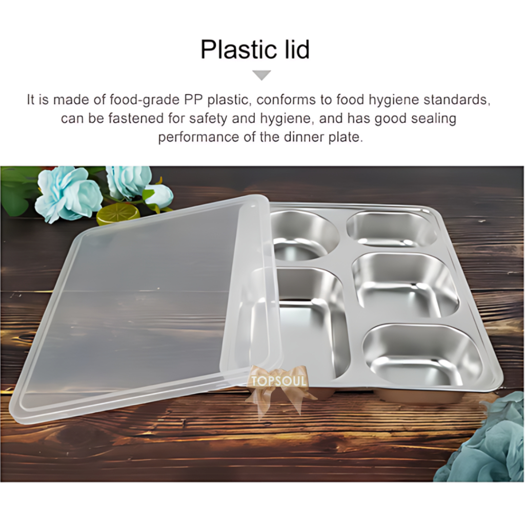 Jual Piring Stainless Steel 5 Sekat + Tutup Plastik / Kotak Wadah ...