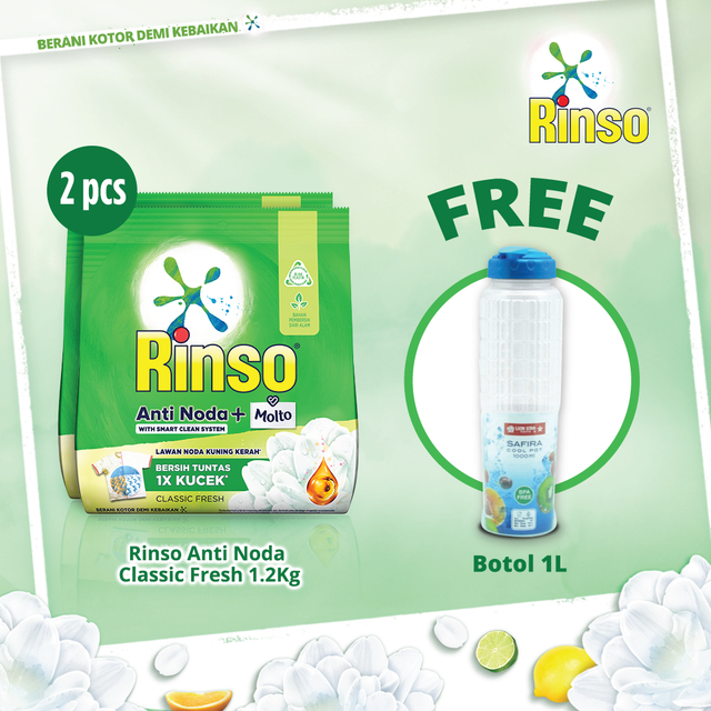 Jual Buy 2 Rinso Anti Noda Classic Fresh 1.2KG FREE Botol Minum 1L ...