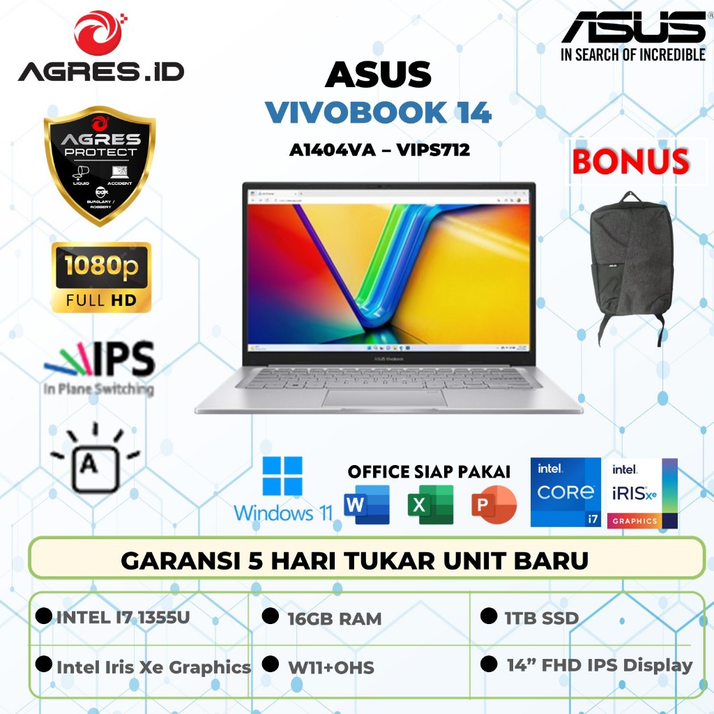 Jual Laptop Asus Vivobook 14 A1404VA I7 1355 16GB 1TB Win 11+Ohs 14" Fhd Vips For Office ...