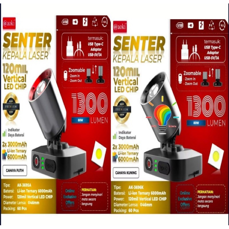 Jual SENTER KEPALA AOKI ZOOM LASER AK-3695A /AK-3696K 80 WATT 1300 LUMEN 6000 MAH 1200 MIL ...