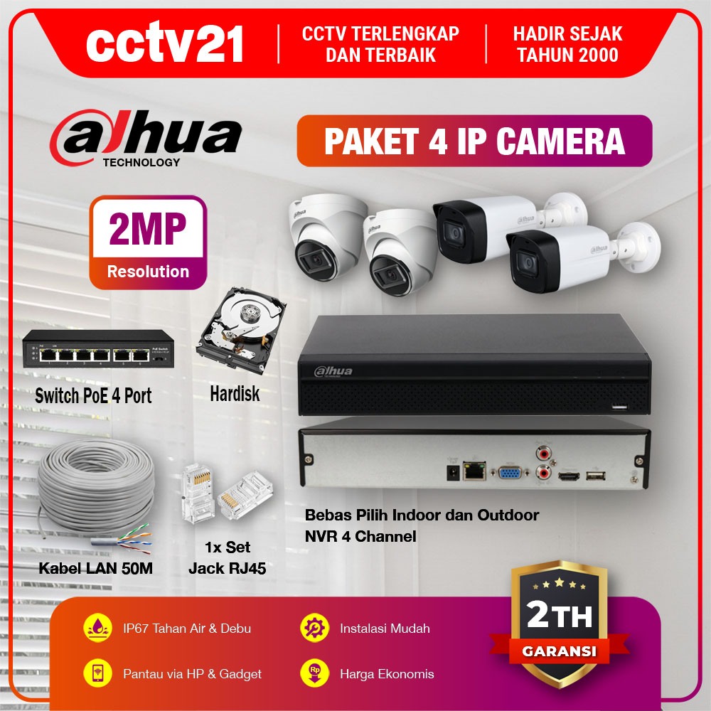Jual Paket CCTV 4 IP Camera DAHUA 2MP PoE ECO + Kabel 50M Promo cctv21 ...