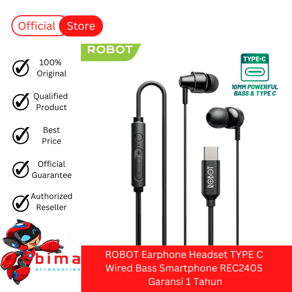 Jual ROBOT Earphone Headset Handsfree TYPE C Wired Bass Smartphone Type ...
