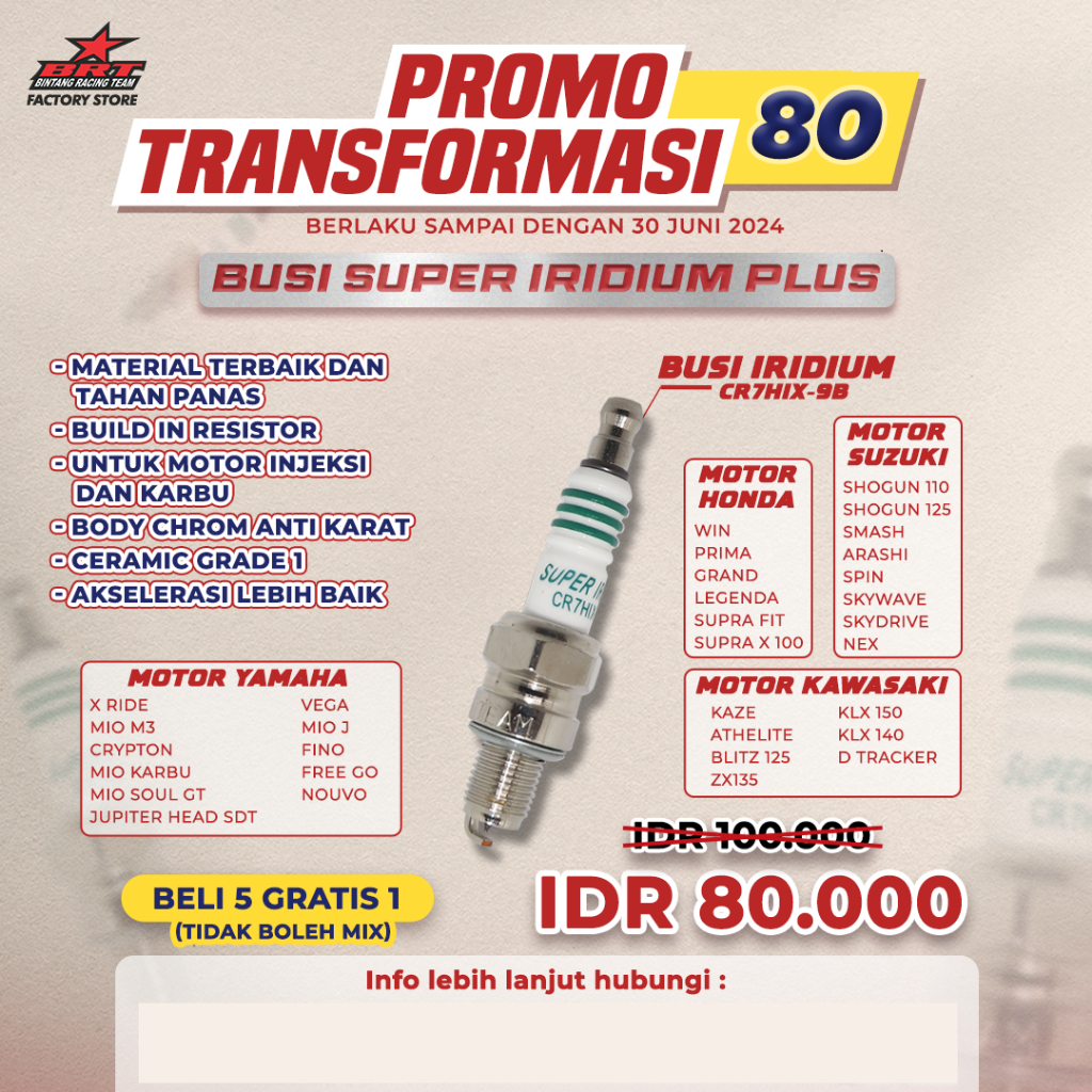 Jual BUSI SUPER IRIDIUM PLUS CR7HIX-9B BRT - KLX 150,ASTREA,SUPRAFIT ...