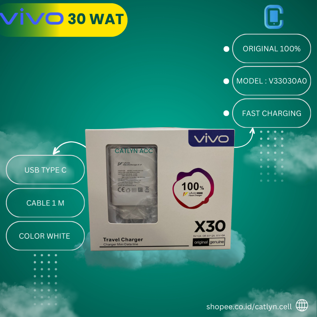 Jual Charger Casan VIVO 30 Wat TYPE C Original Fast Charging X30 , X30 Pro , X50 , X50 5G , X50 ...
