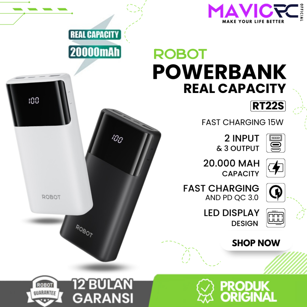 Jual ROBOT RT22S Smart Powerbank Fast Charging 20000mAh (Upgrade dari ...