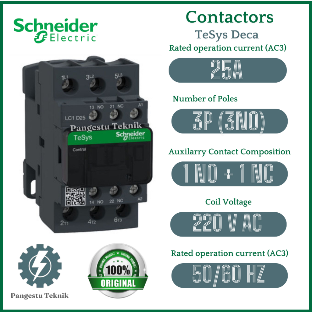 Jual (100% ORI) KONTAKTOR LC1D25M7 SCHNEIDER / CONTACTOR SCHNEIDER LC1D25 M7 25A (AC-3) 220V ...
