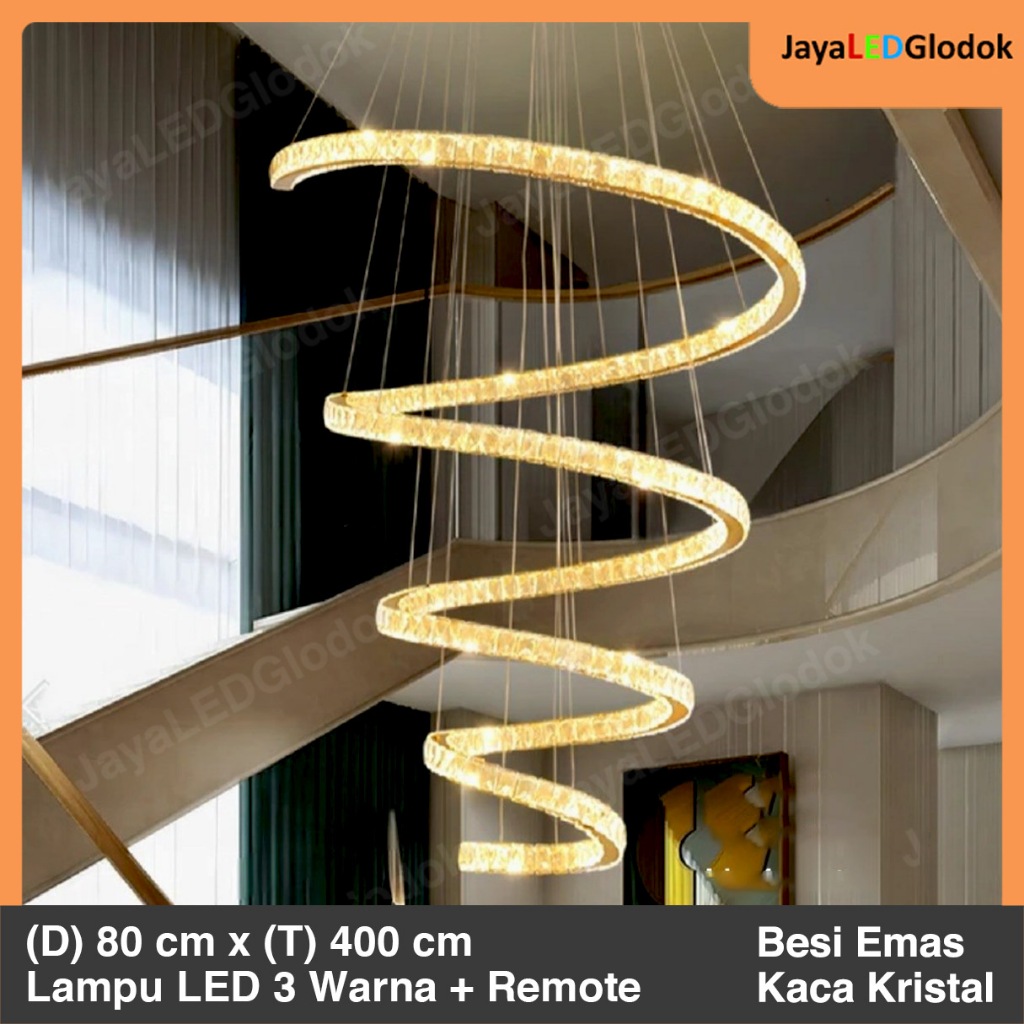Jual Lampu Gantung Kristal Minimalis Ruang Tamu Void Tangga Spiral Mewah Gold Emas LED 08 ...