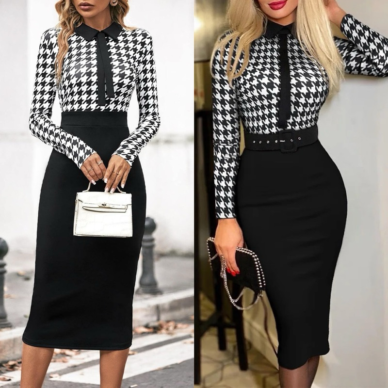 Jual Dress Kantor Elegant dengan Belt / Dress Woman Printed Long Sleeve ...