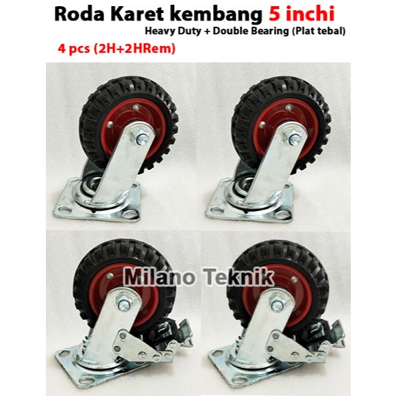 Jual Roda 5 inchi Karet Kembang (4pcs:2Hidup+2HRem) Heavy Duty + Double ...