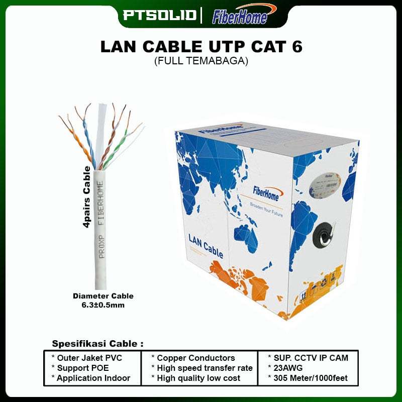 Jual Kabel LAN UTP FiberHome CAT 6 23AWG PVC Indoor- 1 Roll | Shopee ...
