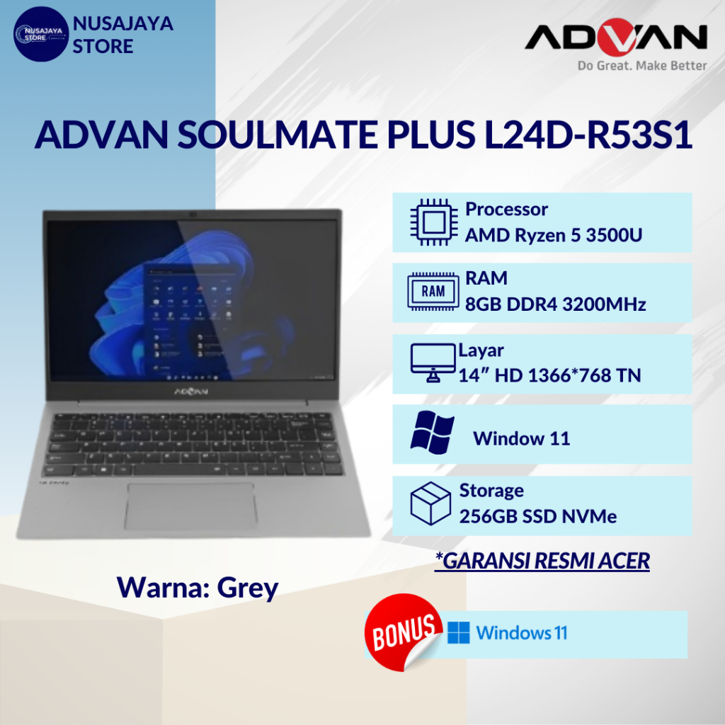 Jual LAPTOP ADVAN SOULMATE PLUS GREY L24D-R53S1 R5-3500U 8GB 256GB 14" WIN 11 | Shopee Indonesia
