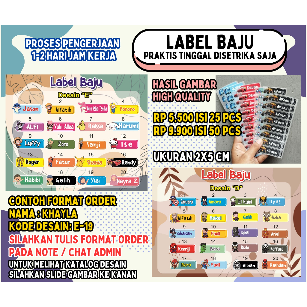Jual LABEL NAMA BAJU ISI 50 pcs (TERMURAH) / STIKER BAJU / SABLON NAMA ...