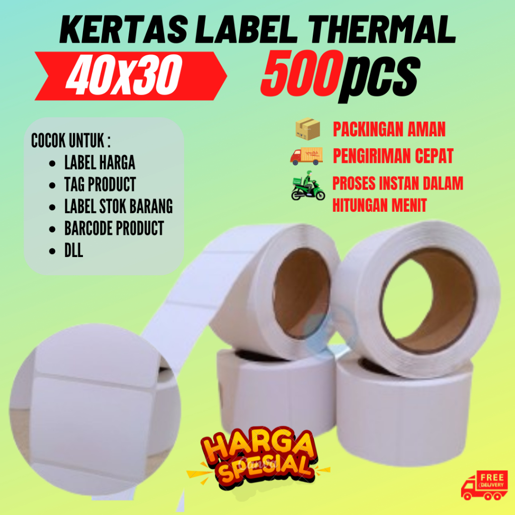 Jual KERTAS THERMAL 40X30 ISI 500 LABEL STIKER BARCODE | Shopee Indonesia
