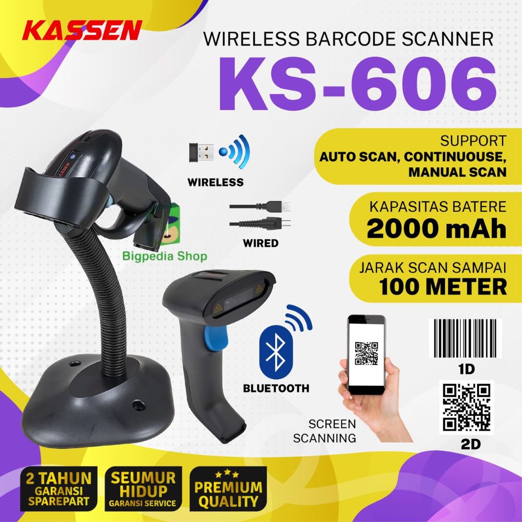 Jual Barcode Scanner USB BLUETOOTH 2D Kassen KS-606 / KS606 with STAND ...