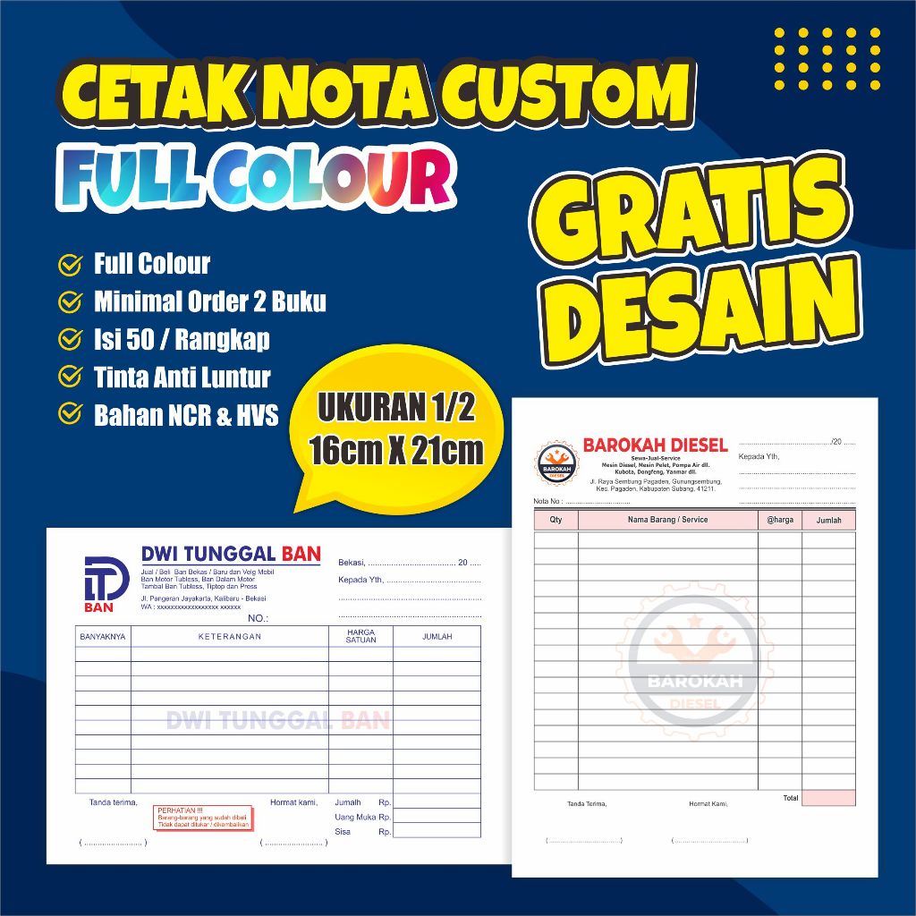 Jual Nota custom 1 ply 2 ply 3 ply satuan 1/2 folio isi 100 dan 150 ...