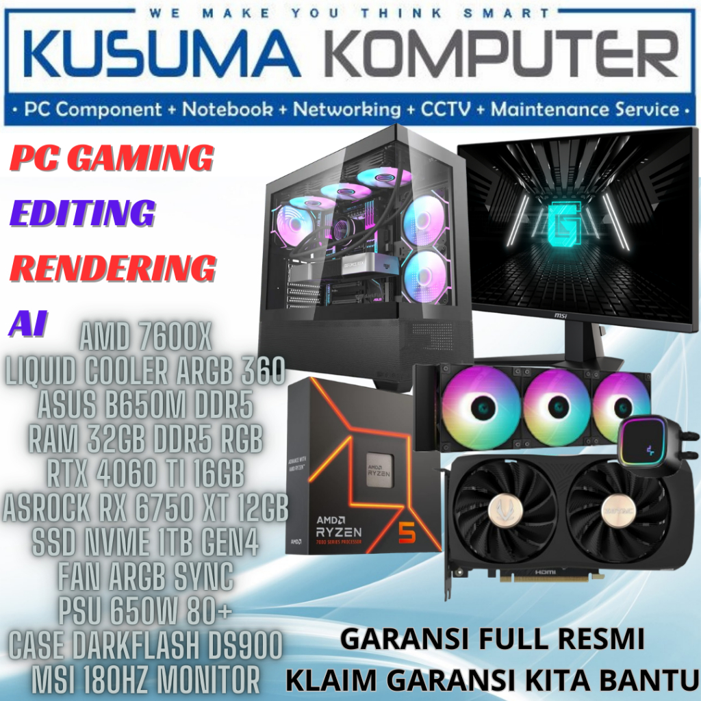 Jual PC Rakitan Full Set Lengkap Gaming AMD 7600X 4060 Ti 16GB 1TB NVMe ...