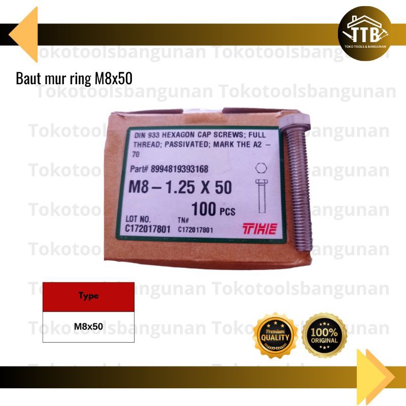 Jual BAUT MUR RING M8X50 FULL THREAD (10SET) | Shopee Indonesia
