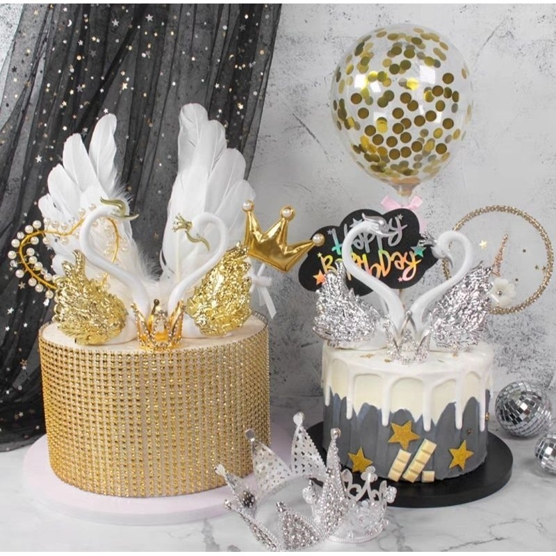 Jual # HJ # PAJANGAN KUE ULANG TAHUN PERNIKAHAN ANGSA SWAN GOLD DAN SILVER / HIASAN CAKE ANGSA ...
