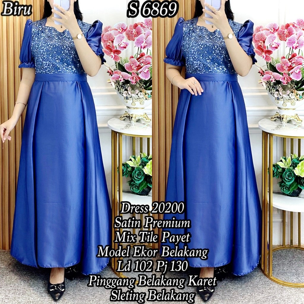 Jual S 6869 #Longdress Satin Polos Kombinasi Tile Payet Gaun Maxi ...