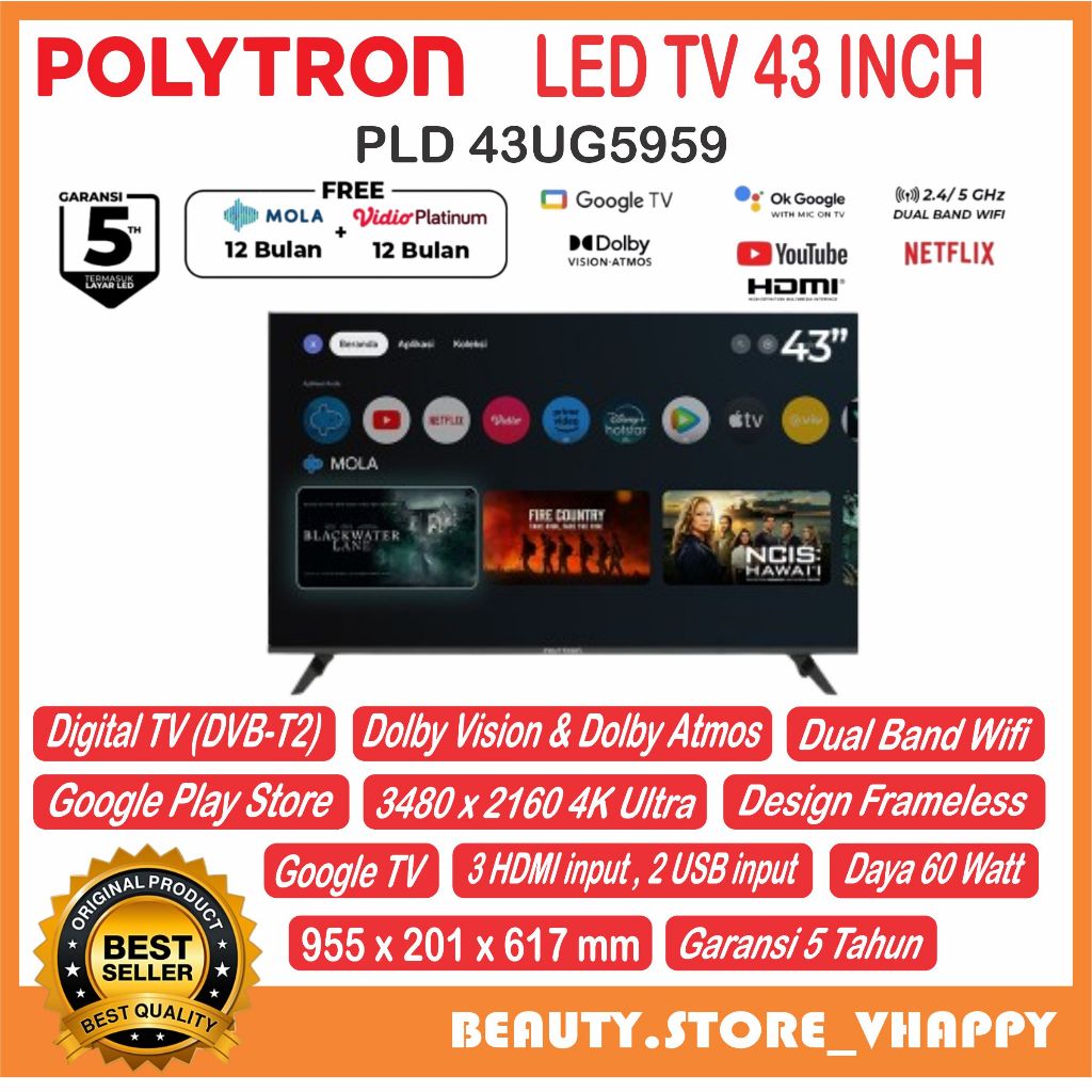 Jual TV LED Polytron Smart Cinemax Google TV 4K Ultra HD 43 inch PLD ...