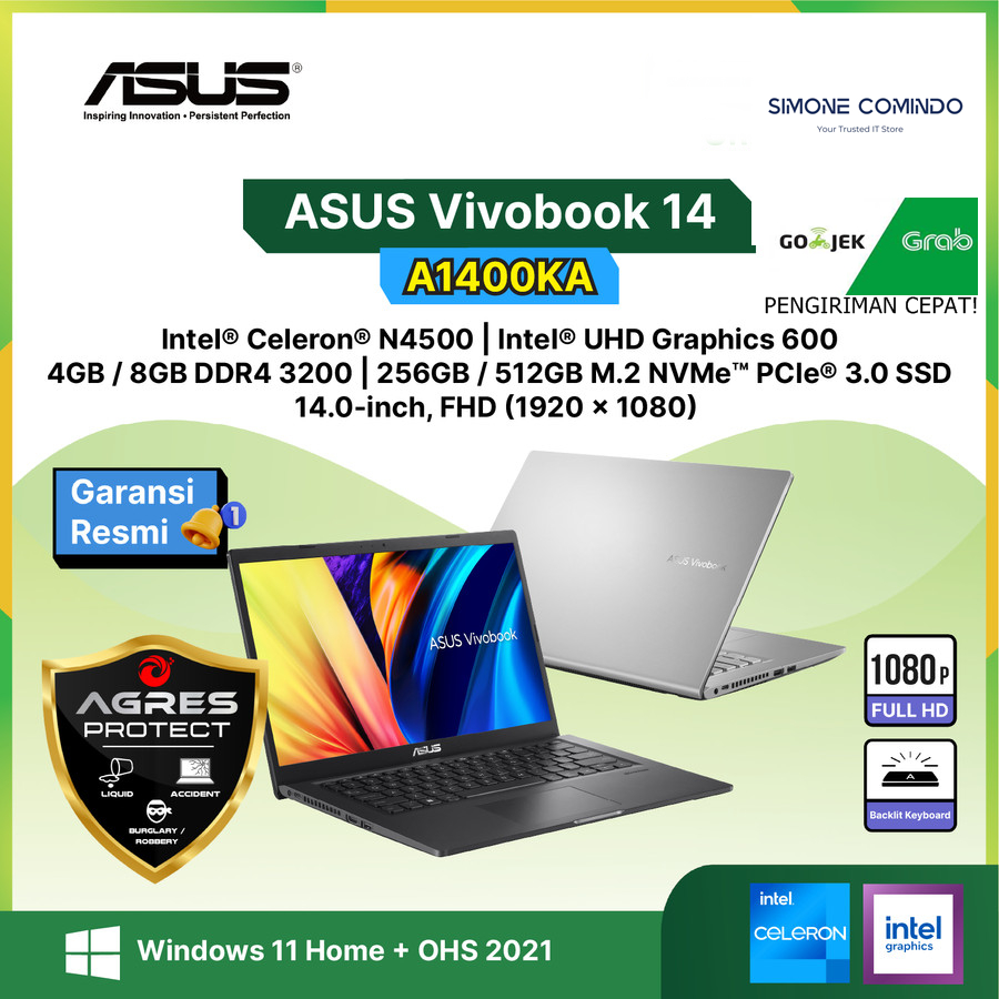 Jual ASUS Vivobook 14 A1400KA N4500 DDR4 8GB 512GB SSD 14" FHD W11 OHS ...