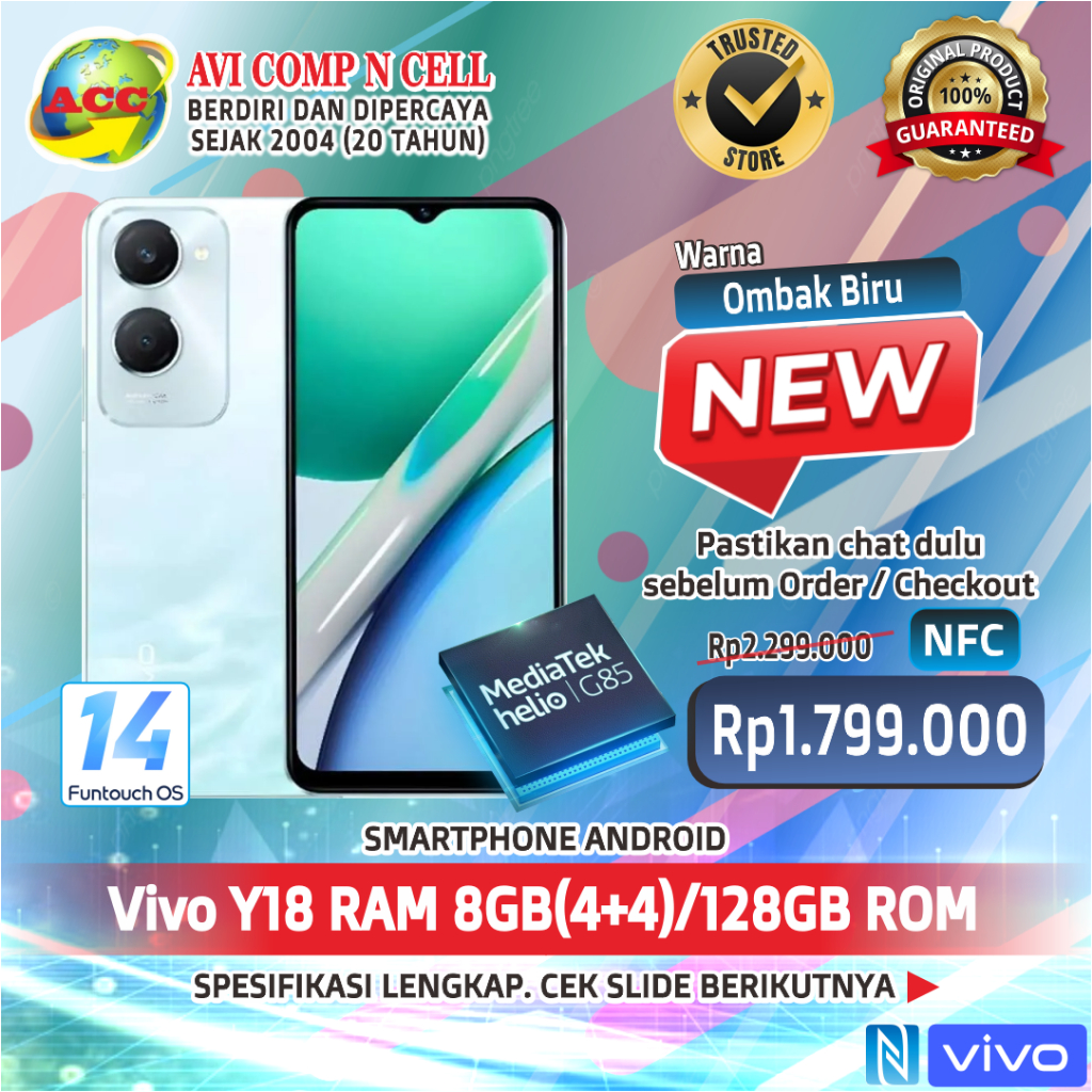Jual Vivo Y18 Biru Ombak NFC RAM 8GB (4+4)/128GB ROM Android14/FunTouch OS | Shopee Indonesia