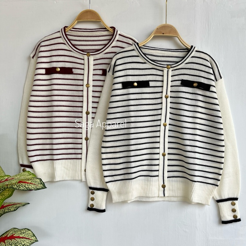 Jual JOVI ATASAN SWEATER RAJUT WANITA MOTIF STRIPE KERAH BULAT LENGAN ...