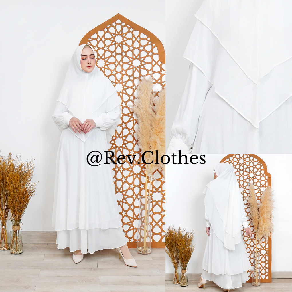Jual Gamis Syar'i Busana Haji dan Umroh Wanita Set Khimar Putih Bahan Ceruty - Gamis Rev ...