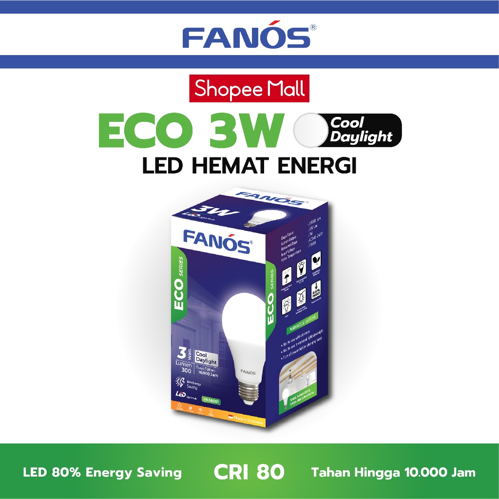 Jual Fanos Eco 3W Lampu LED Bohlam Cahaya Putih Cool Daylight Bergaransi | Shopee Indonesia