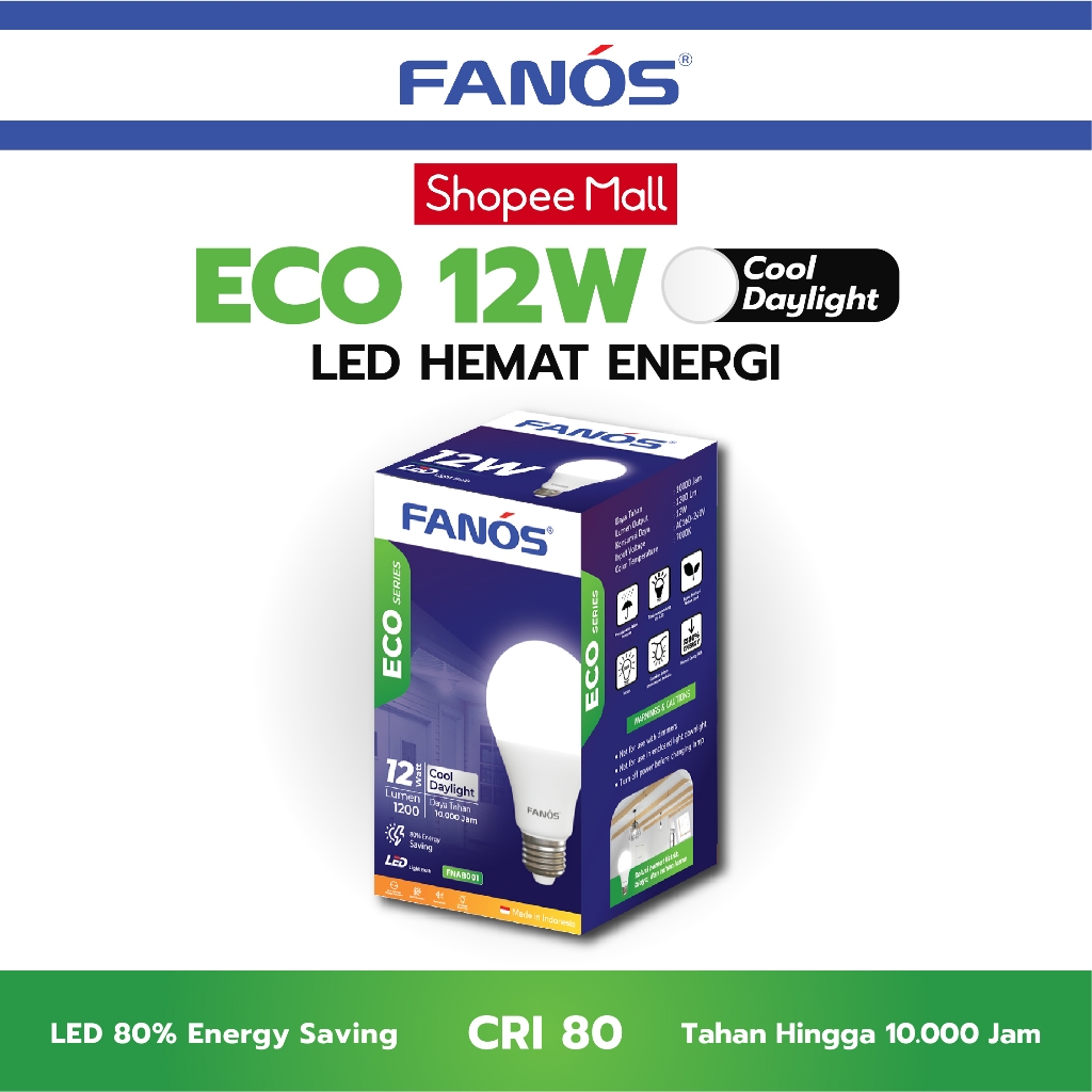 Jual Fanos Eco 12W Lampu LED Bohlam Cahaya Putih Cool Daylight ...