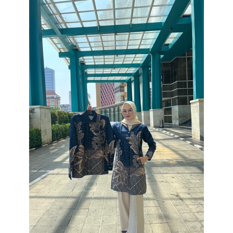 Jual Batik Couple Motif Anggrek Navy Full Lapisan Tricot | Shopee Indonesia