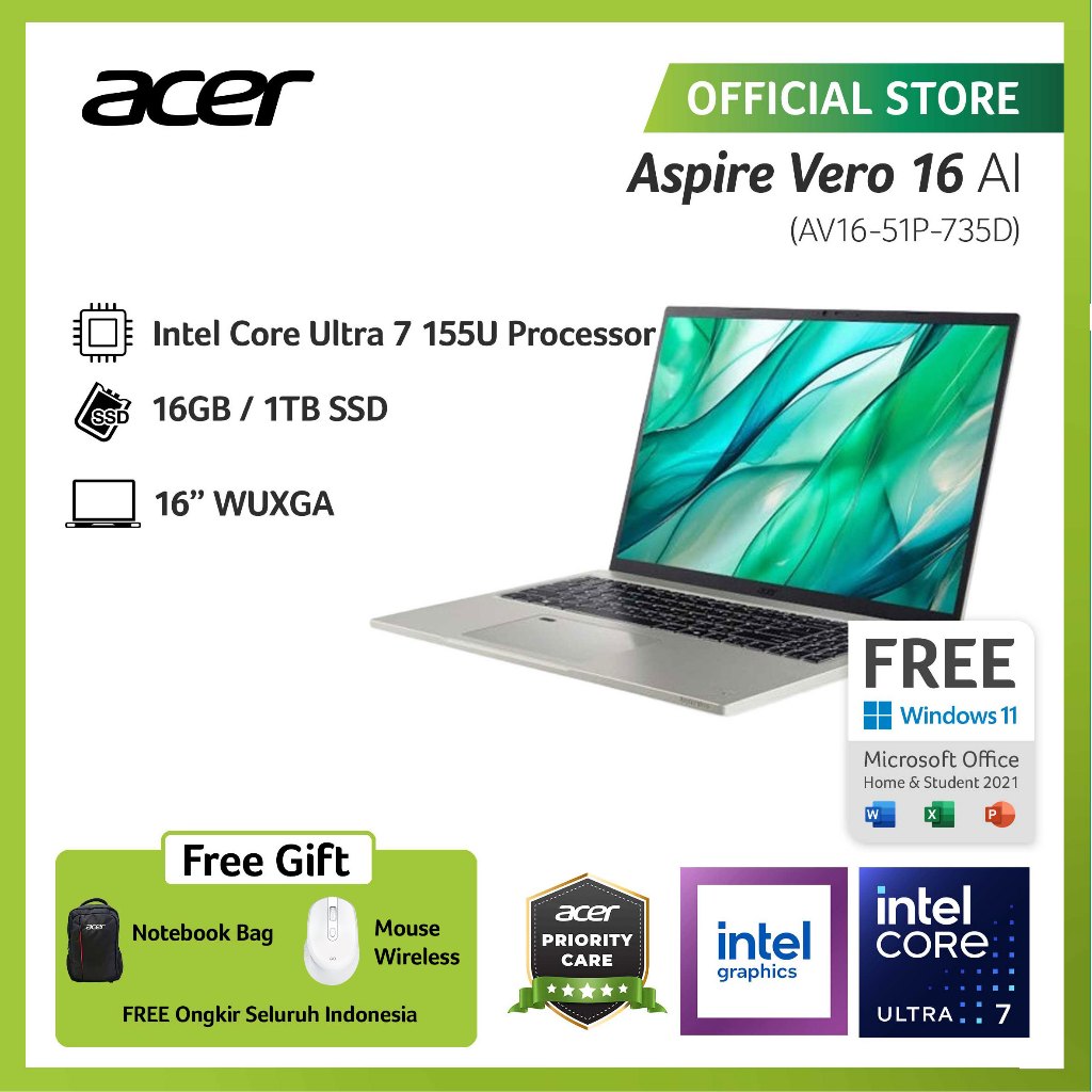 Jual (FREE MOUSE WIRELESS) ACER LAPTOP ASPIRE VERO 16 AV16-51P-735D 16 ...