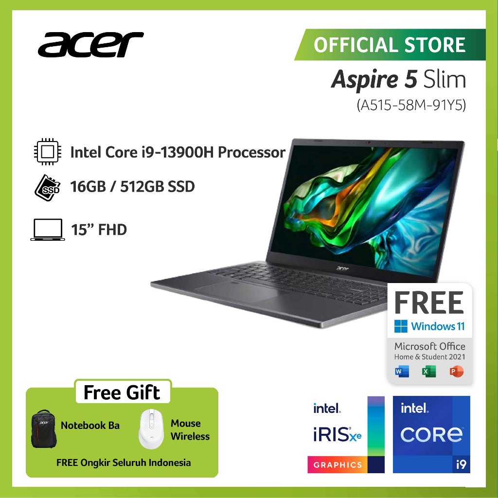 Jual (FREE WIRELESS MOUSE) ACER LAPTOP ASPIRE 5 SLIM A515-58M-91Y5 15.6 ...
